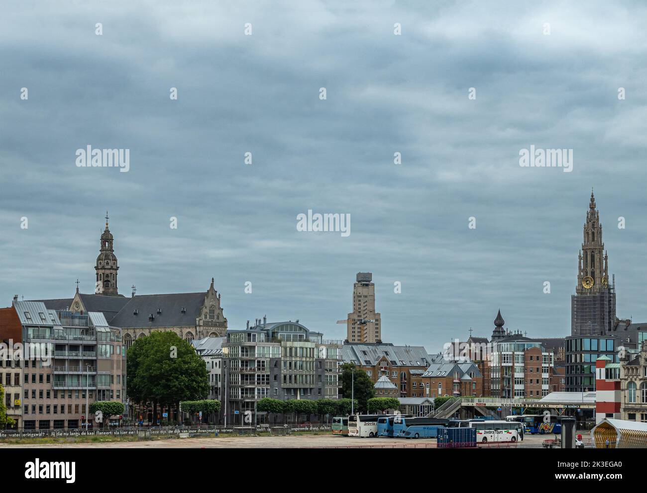 Antwerpen, Flanders, Belgium - July 10, 2022: Seen from Scheld river. Skyline with 3 main towers ...