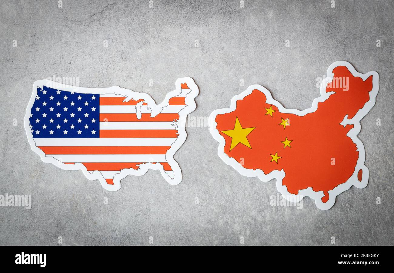 Flags and shape of China and the United States on gray background, copy ...