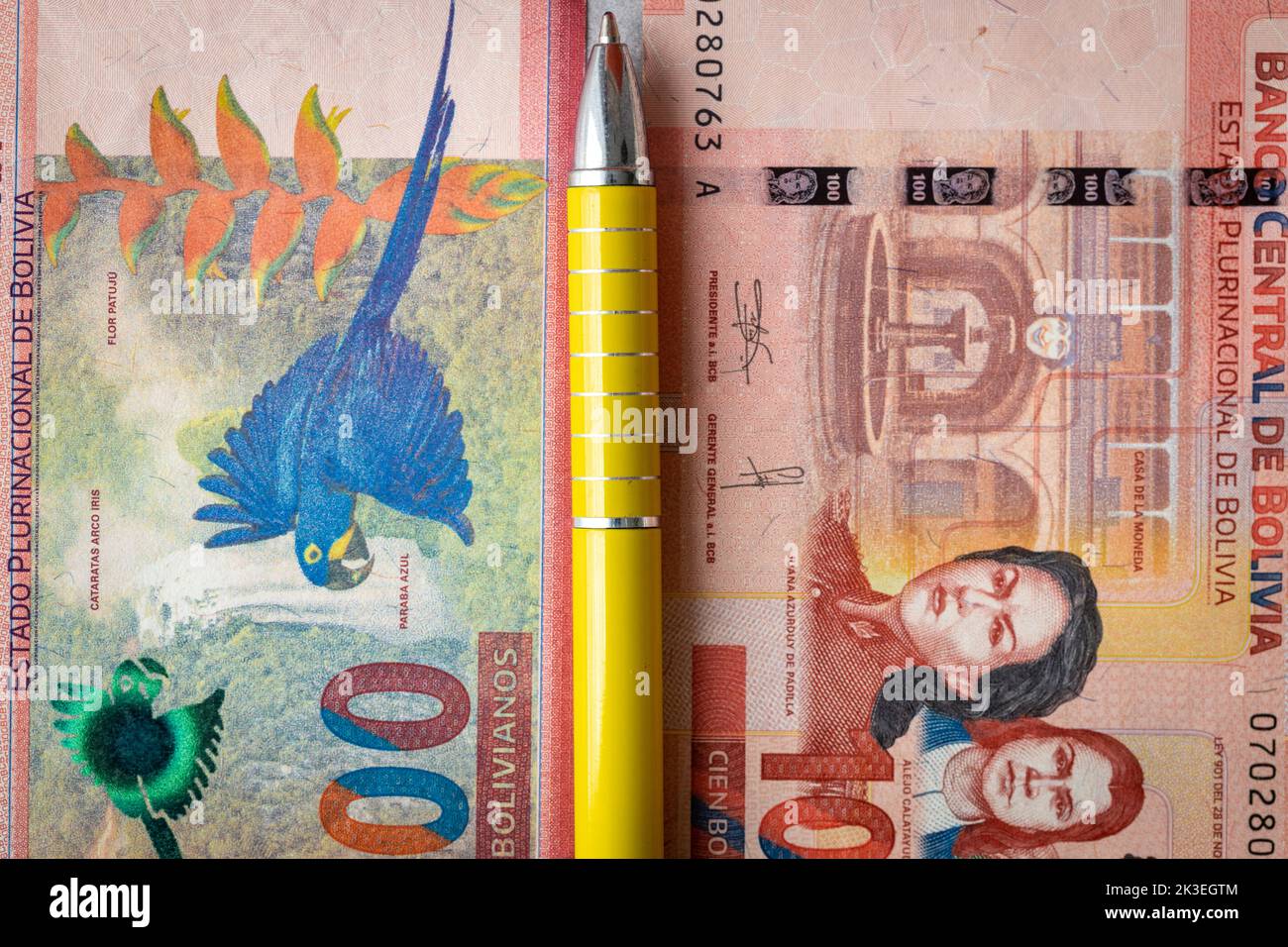 financial settlements in Bolivia, concept, Two 100 Bolivares banknotes ...