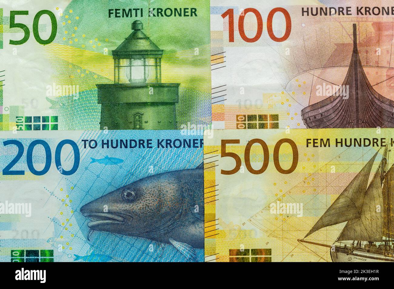 Norwegian Money, 50,100,200 and 500 Kronor Banknotes, Close-up, Top ...