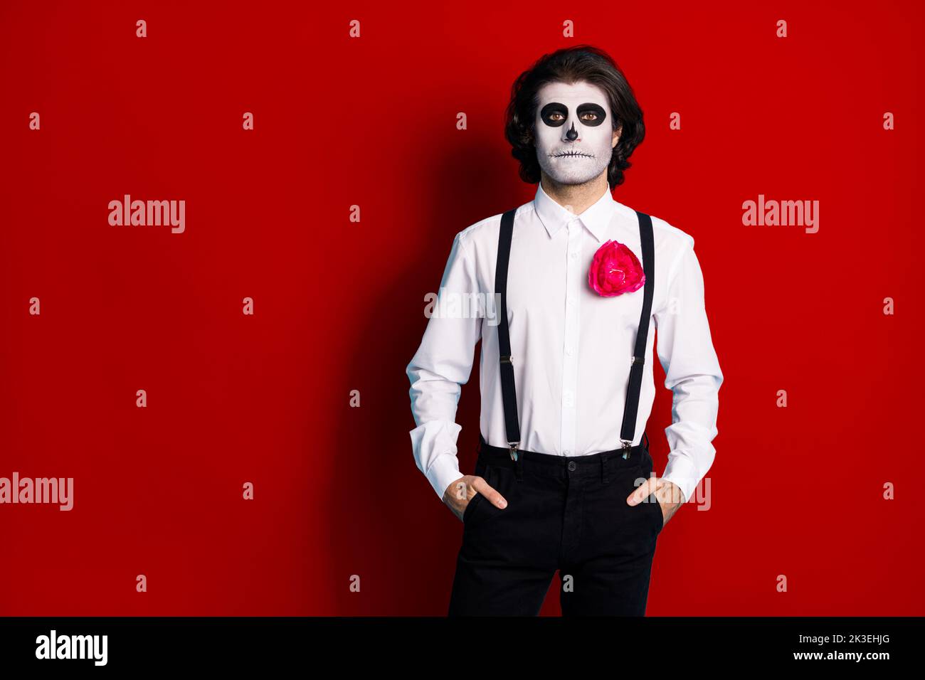 Portrait of his he handsome content creepy guy formal wear holding ...