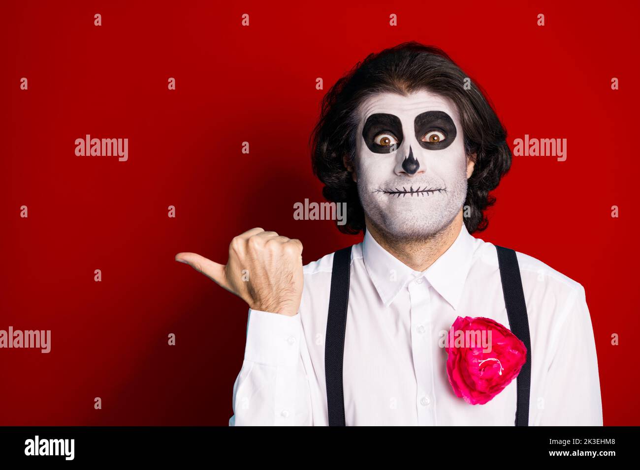 Close-up portrait of his he handsome shy modest creepy guy showing copy ...