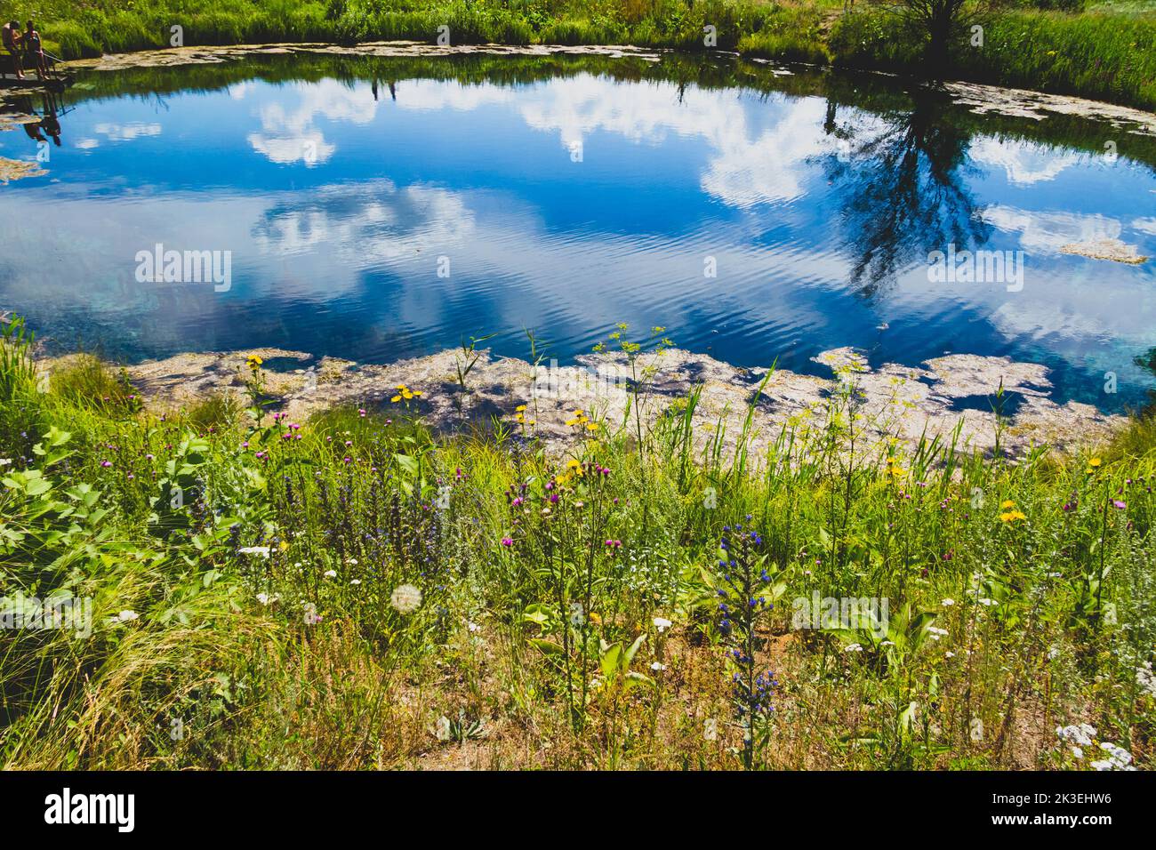 Lake with gray water. Blue lake in Samara region in Russia. Deep pond ...
