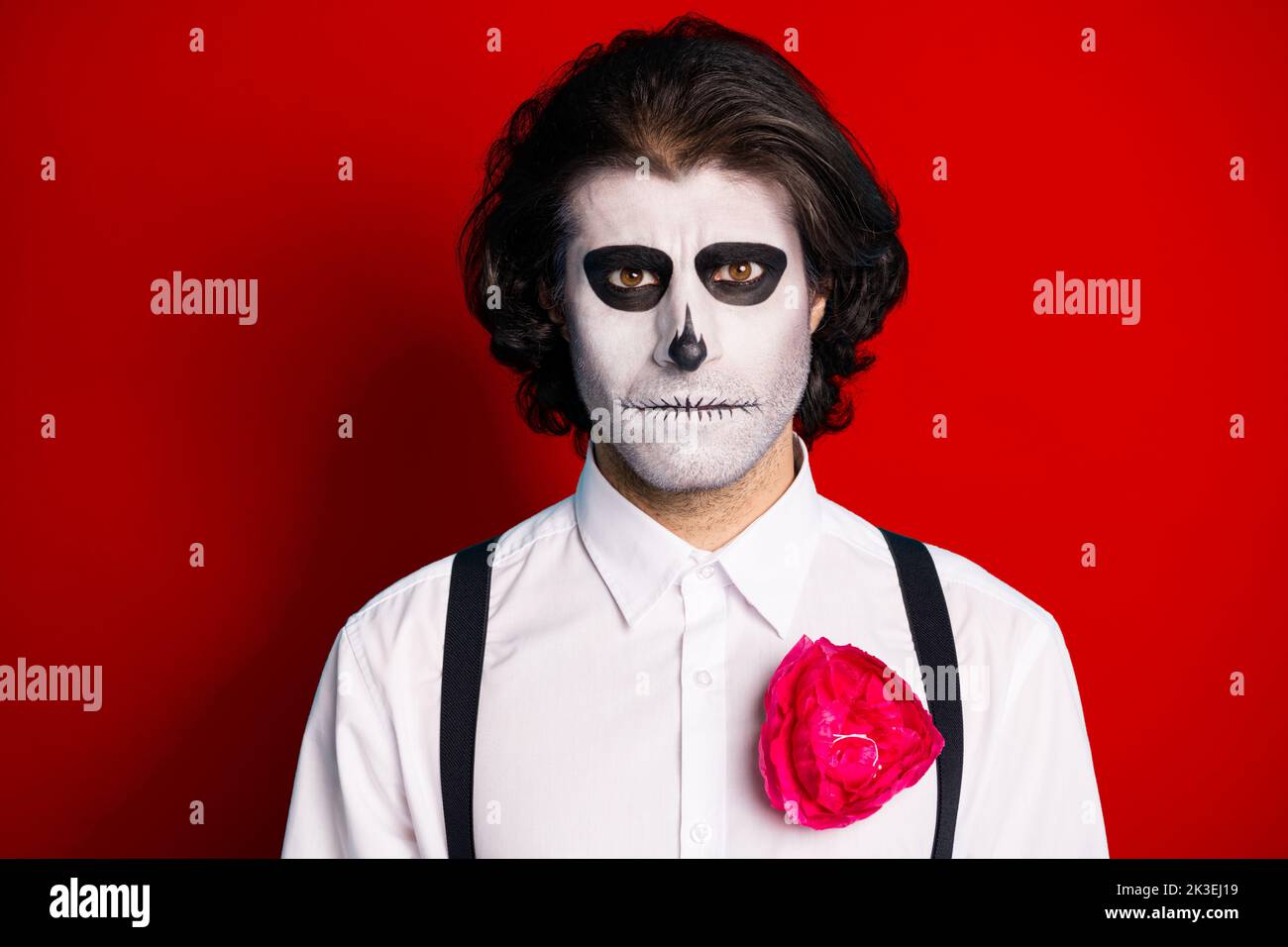 Close-up portrait of his he nice handsome serious evil guy demonic body ...