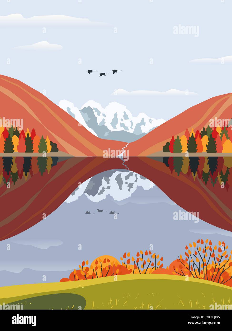 Autumn mountain lake valley vector landscape poster. Fall forest on ...