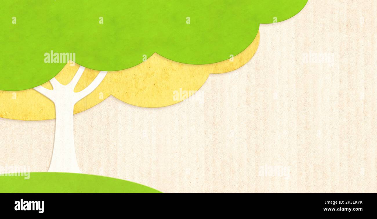 Paper background with green tree in paper cut style. Horizontal banner ...