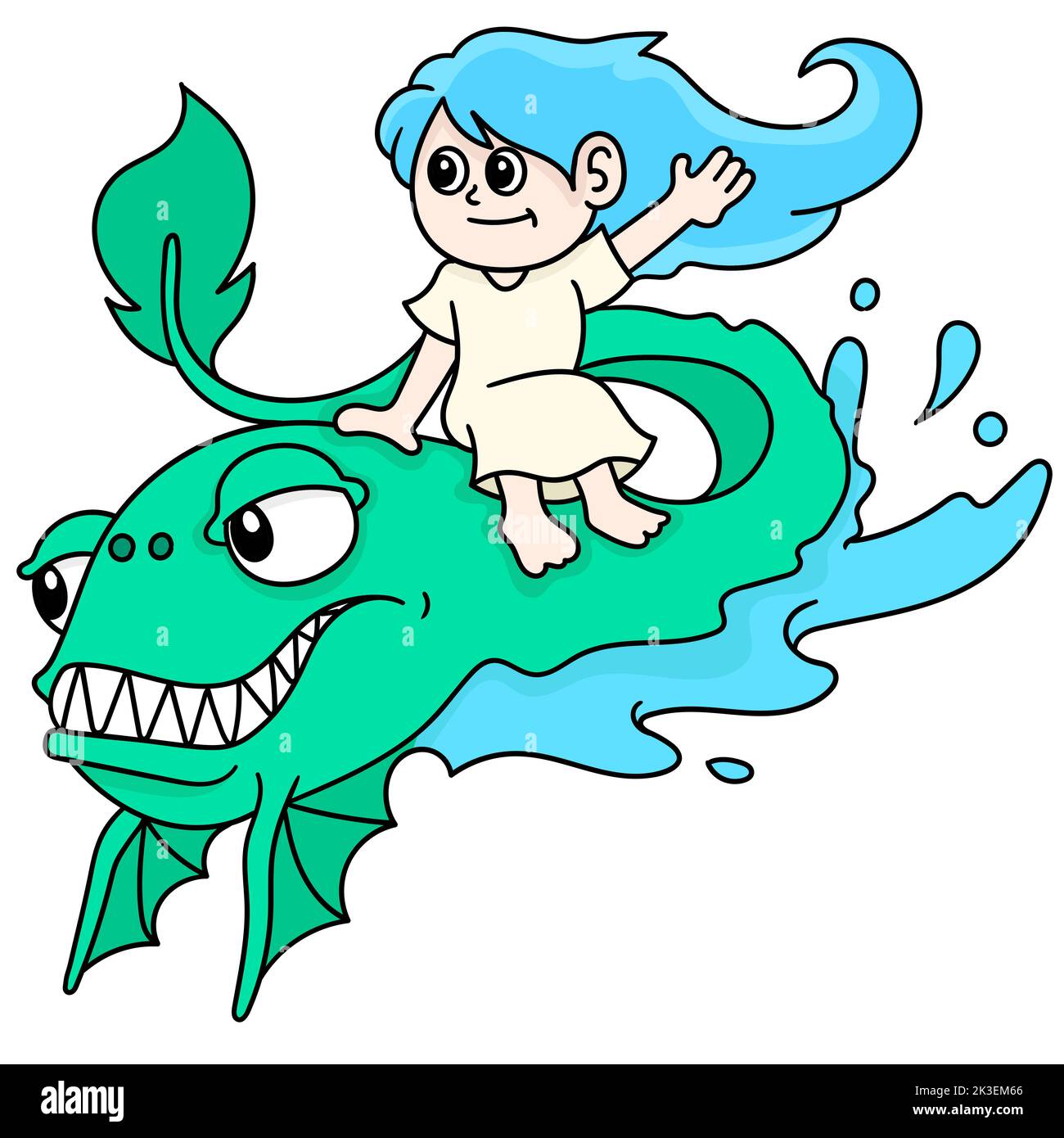 A creative illustration of a cartoon girl character riding a mystical ...