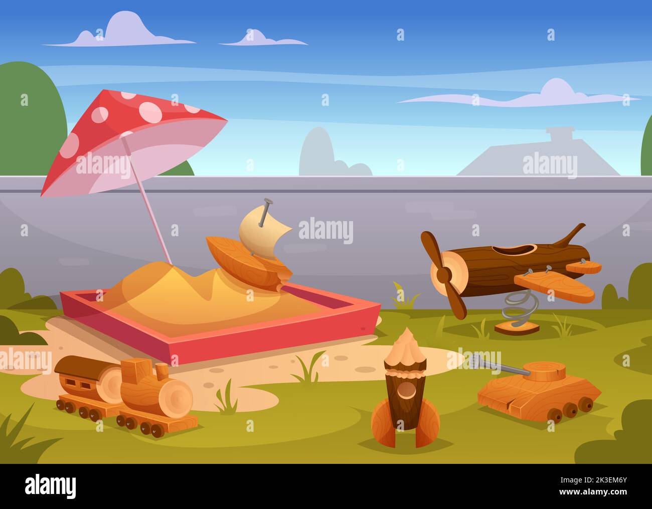 Playground. Kids playing with wooden toys cars houses cubes exact ...