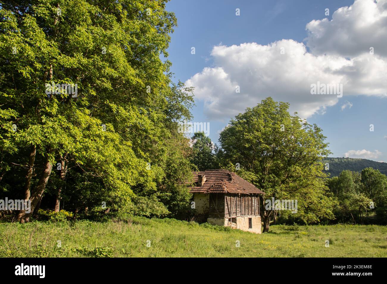 Haunted abounded old ruined empty house on country side, at the end of ...