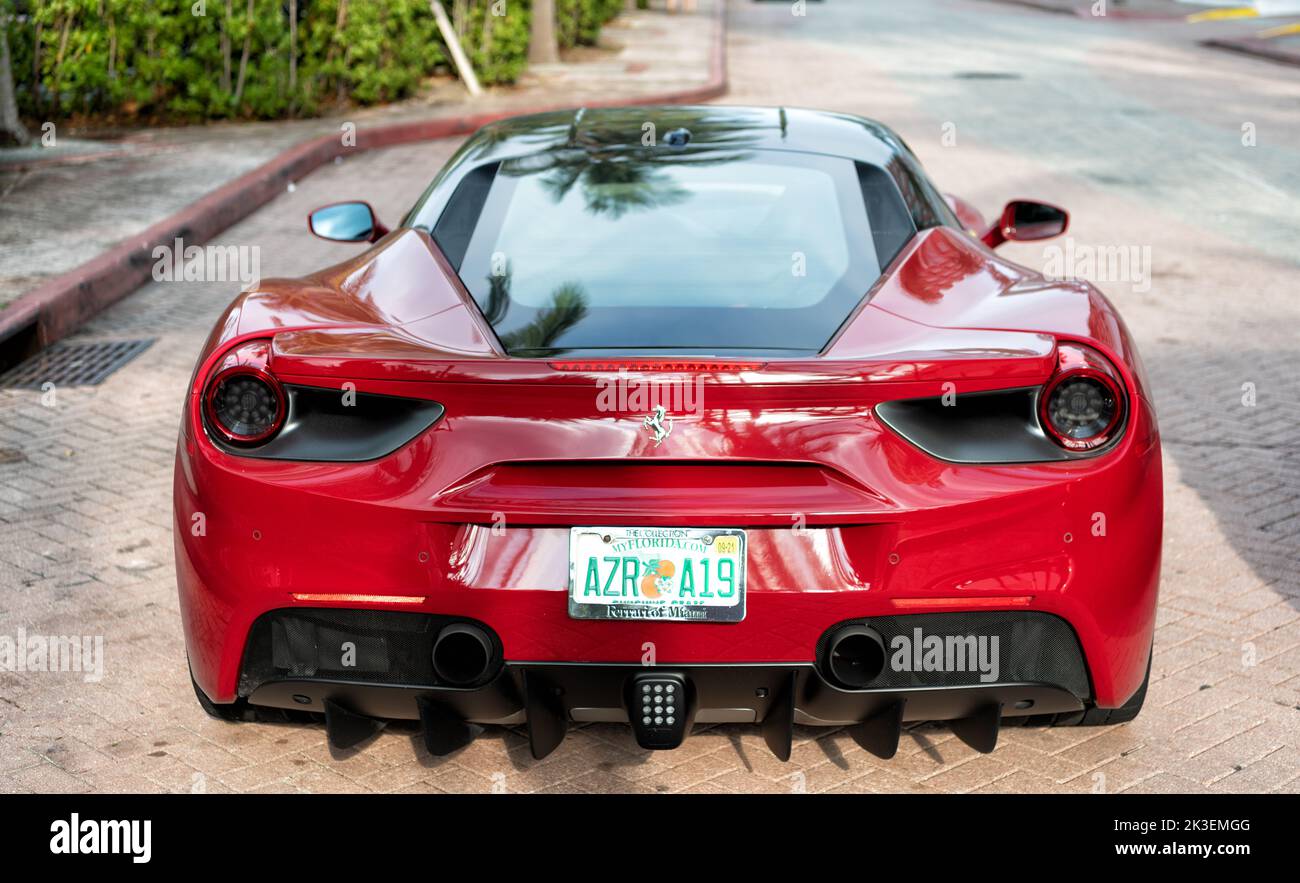 Miami Beach, Florida USA - April 18, 2021: red Ferrari 488 GTB, back ...
