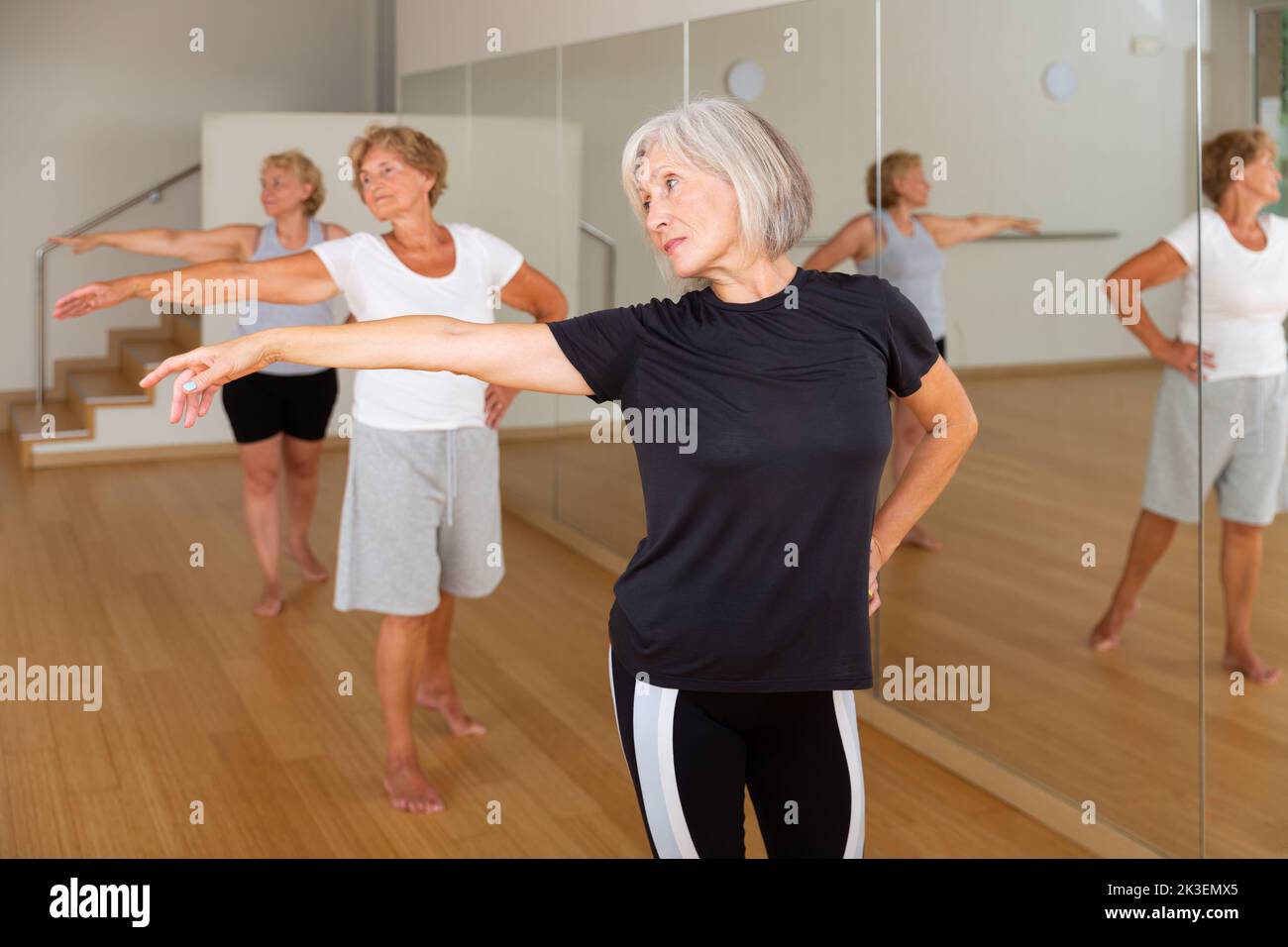 Mature active women perform ballet exercises in the studio Stock Photo ...