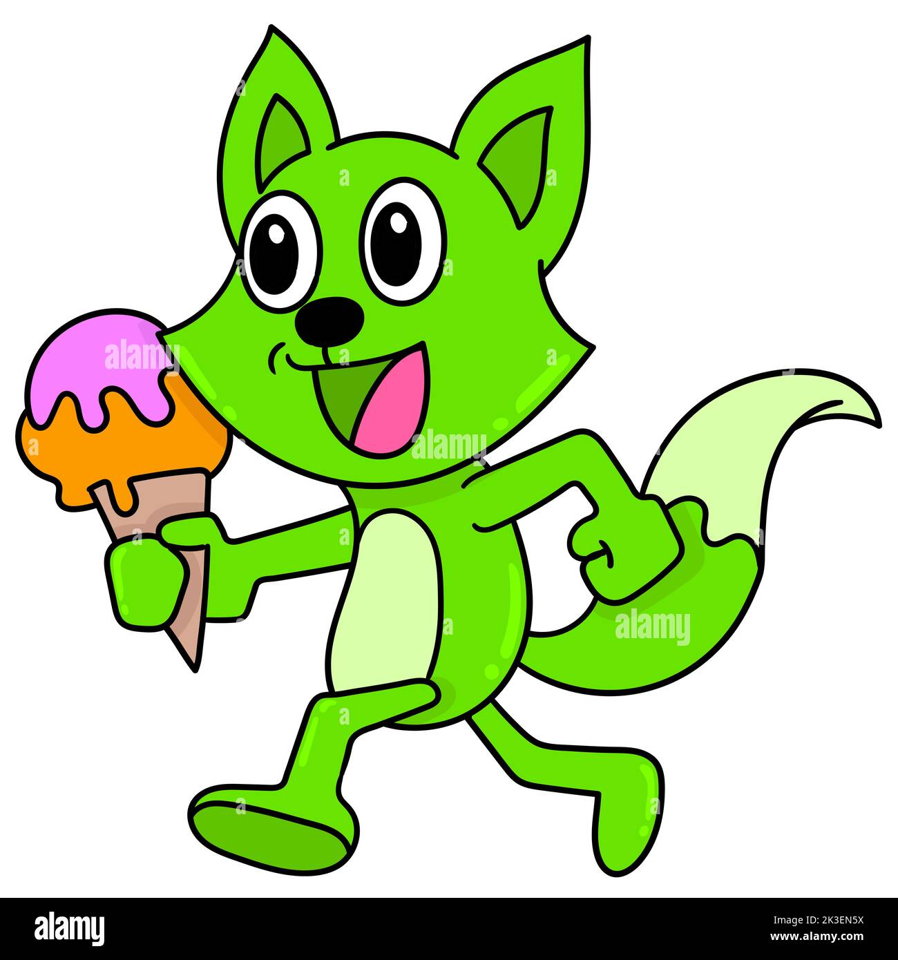 A vector of green weasel walking with a happy face holding ice cream ...