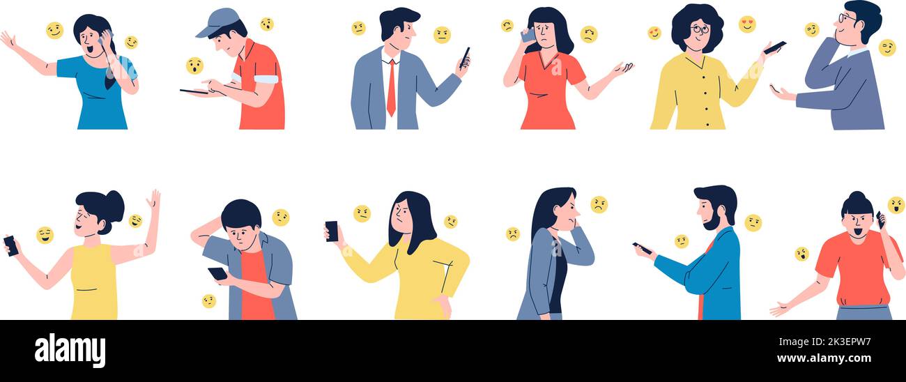 Emotional smartphone conversation. Angry people holding phones and do ...