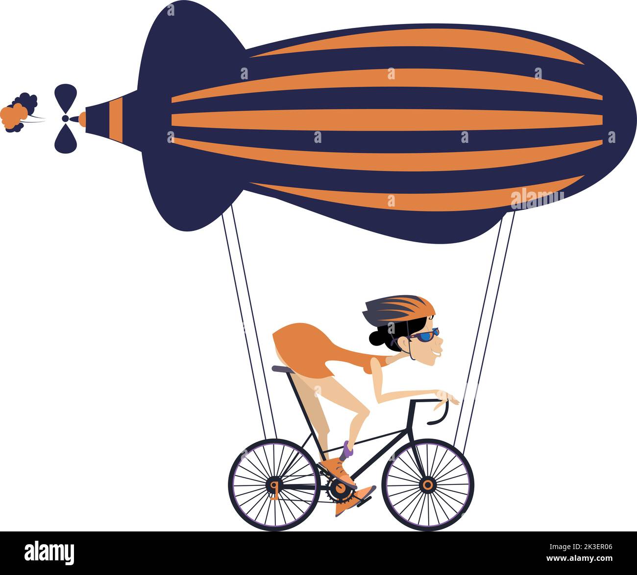 Cycling woman flying on the airship. Funny woman on the cycle flying on ...