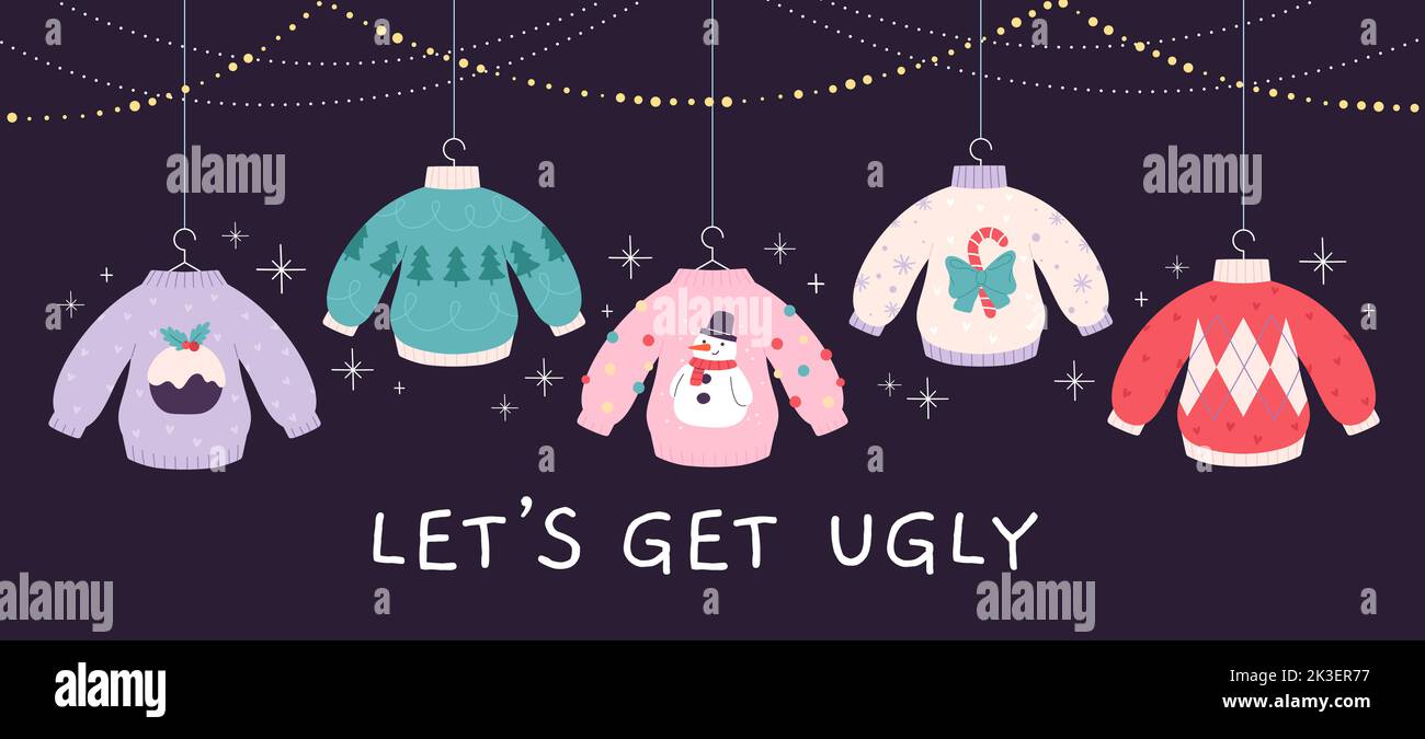 Ugly sweater christmas party banner with garlands. Sweaters holiday ...