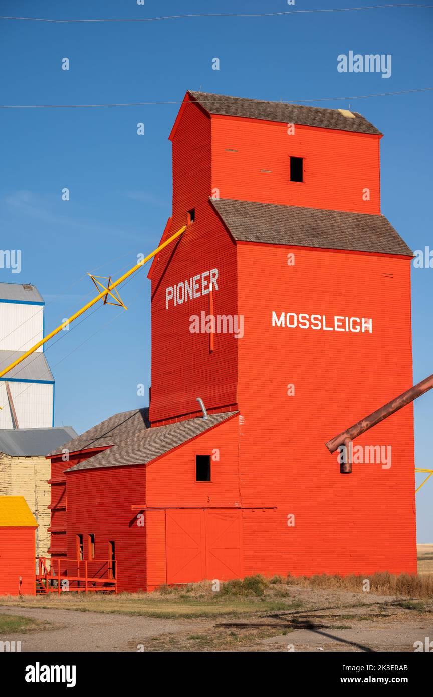 Mossleigh, Alberta - September 17, 2022: Old wooden grain elevators on ...