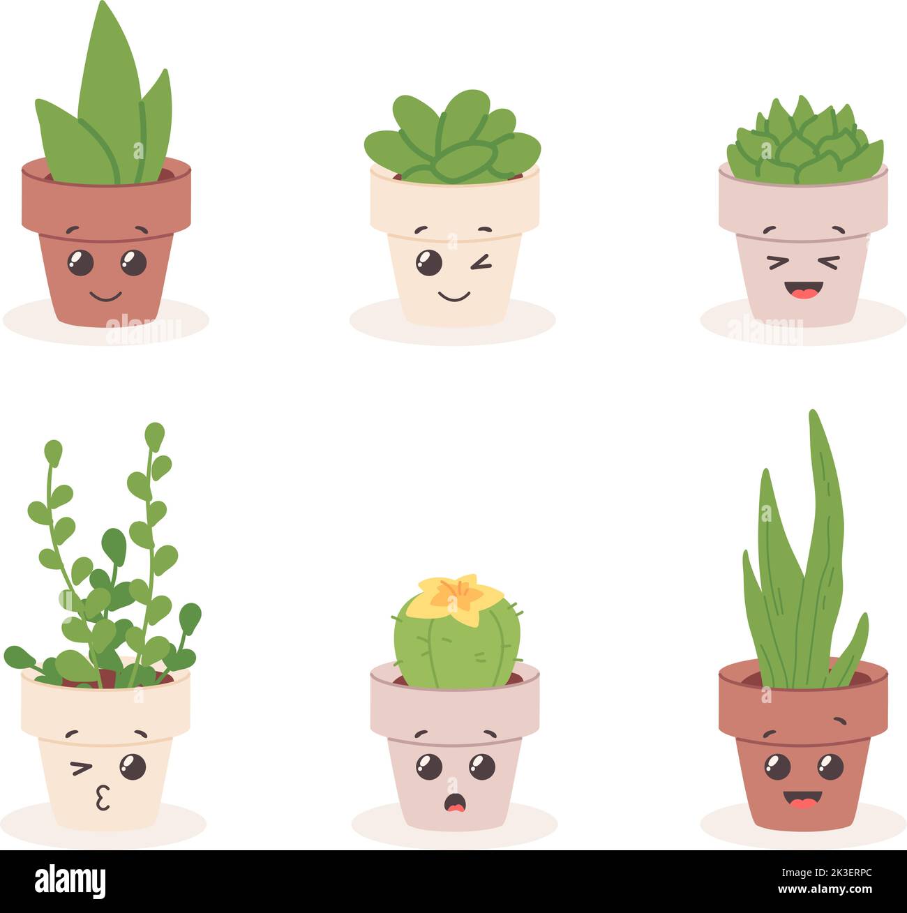 Cute funny succulents. Kawaii home cacti characters in flowerpots set ...