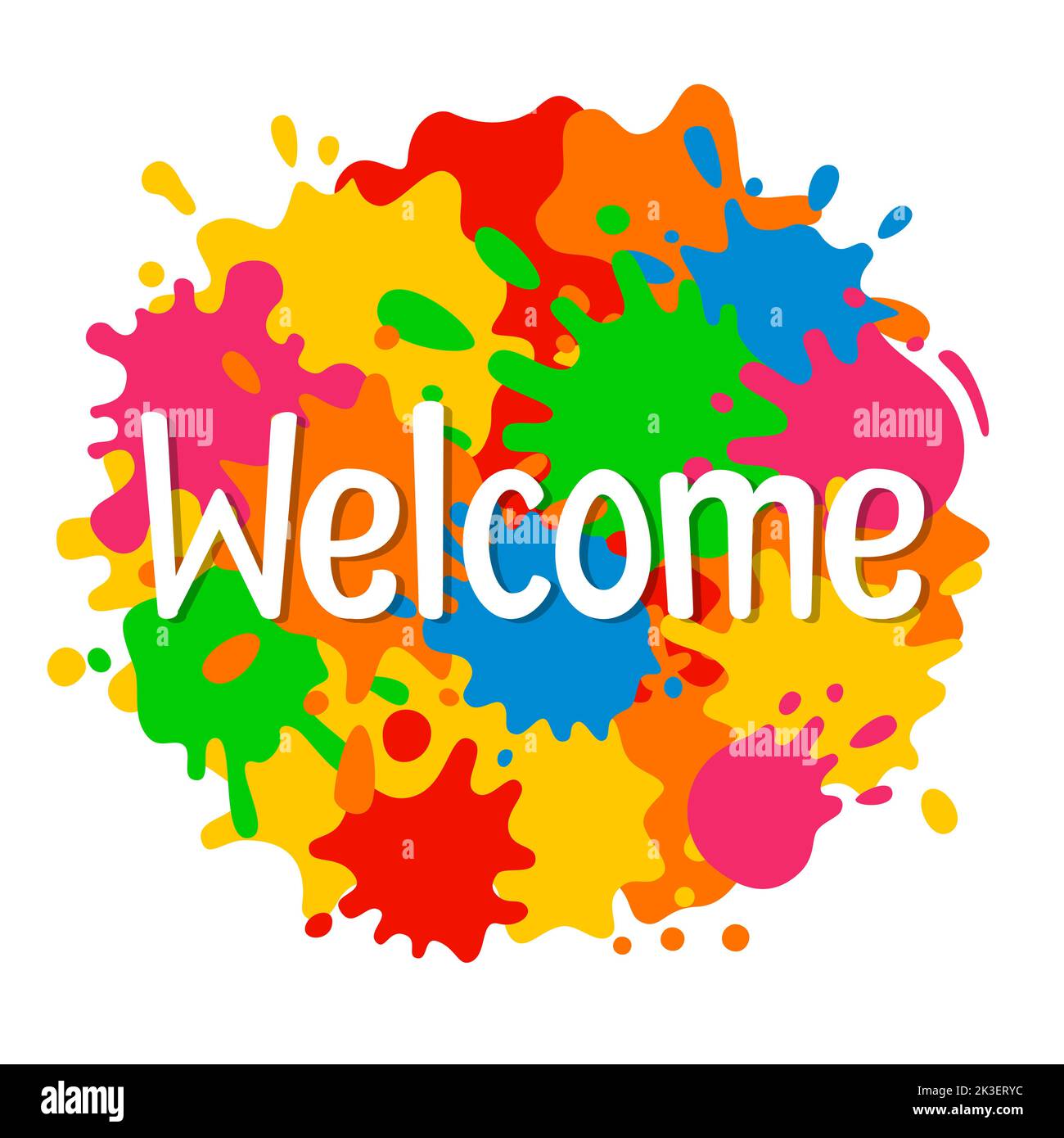 Welcome banner with paint splatter. Round splash poster template ...