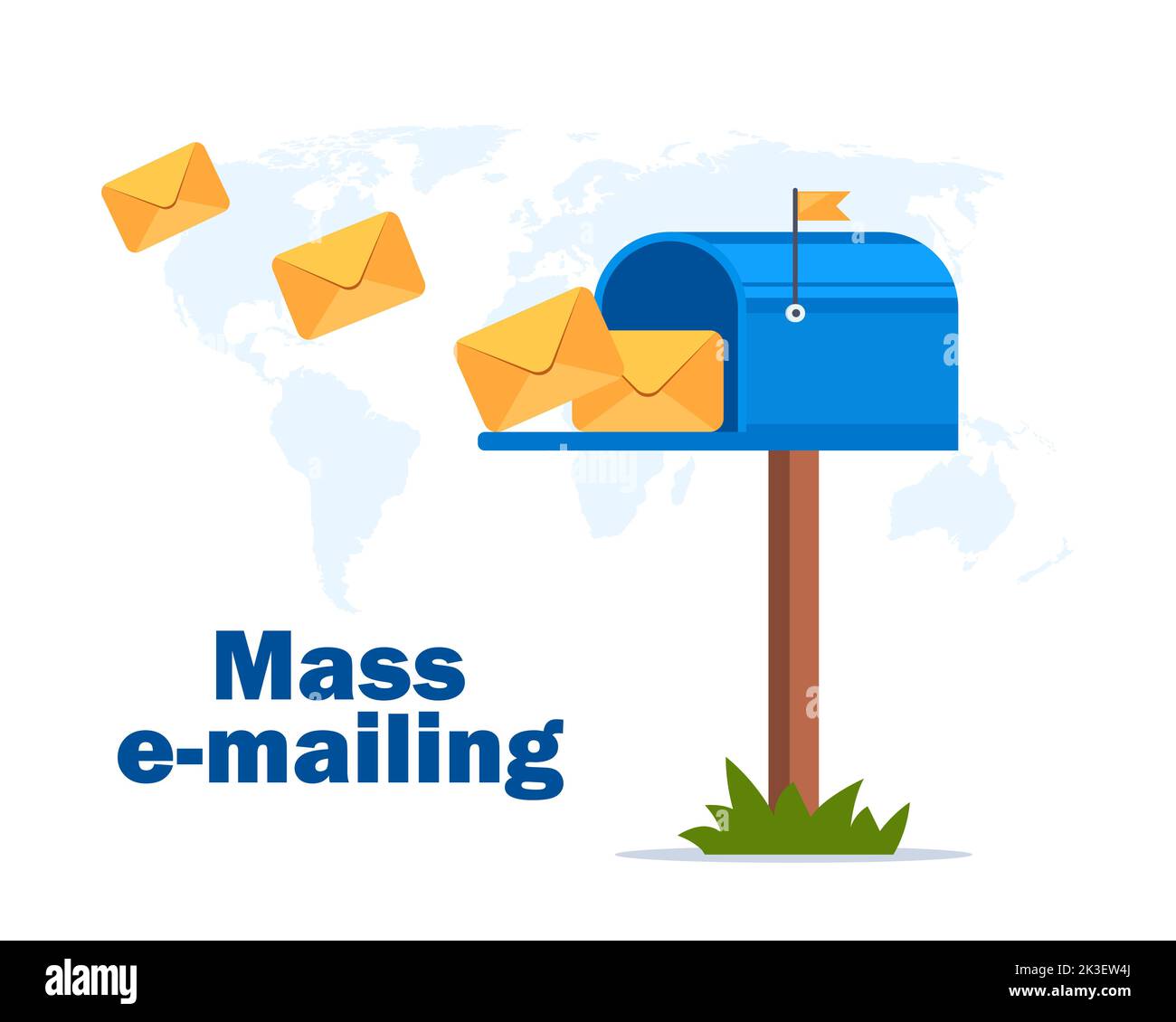 Mass e-mailing concept illustration with envelopes flying to blue post box on world map ...