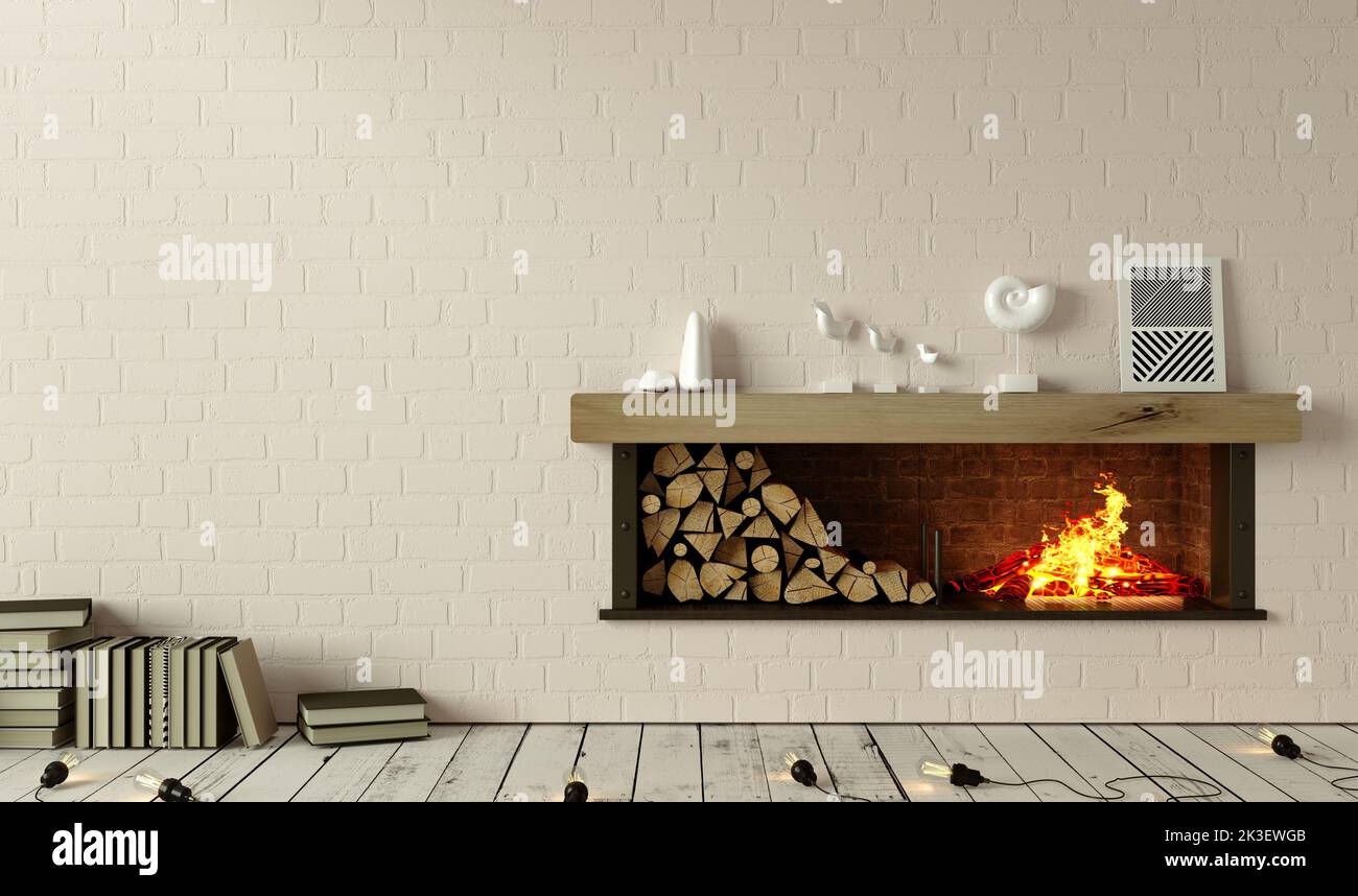 Loft interior fireplace and decor on old wall Stock Photo - Alamy