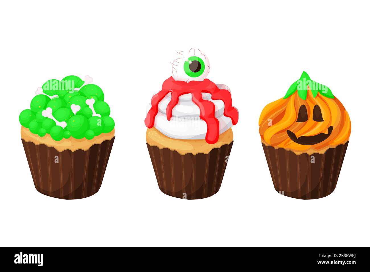 Set Cupcake Halloween monster dessert with bones, blood, pumpkin face in cartoon style isolated ...