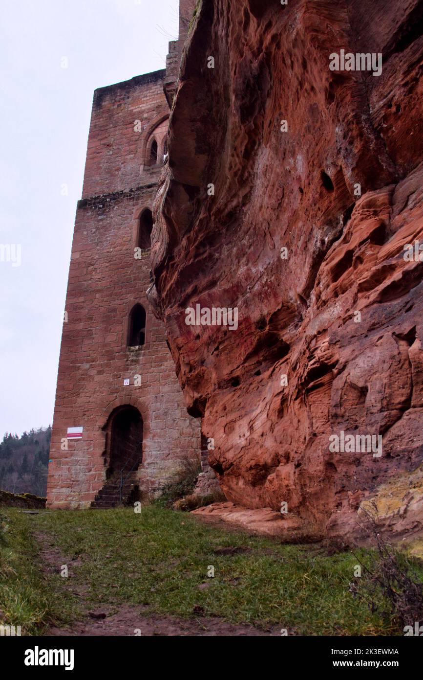 Frankenstein, Germany - December 26, 2020: Tower and red limestone rock ...