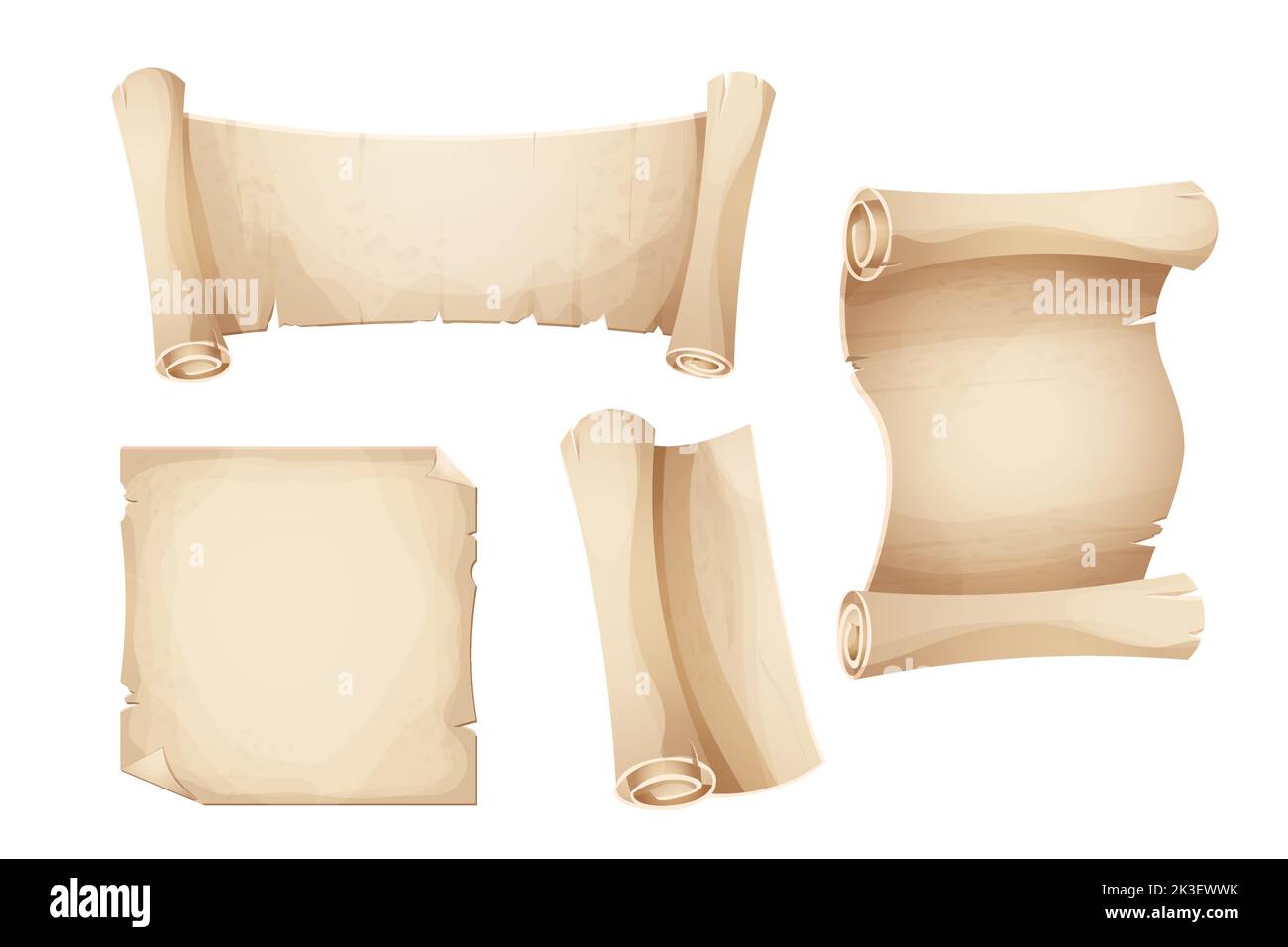 Set ancient old parchment paper, scroll, page empty medieval letter in cartoon style isolated on ...