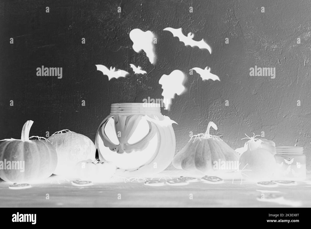 Spooky Jack o lantern candy bucket, pumpkins, black spiders, bats ...