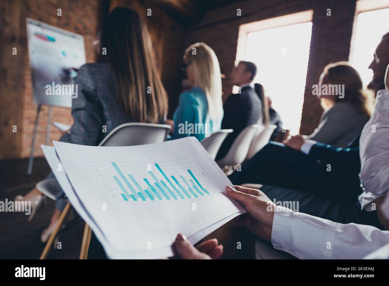 Portrait of business people sit conference room check annual results ...