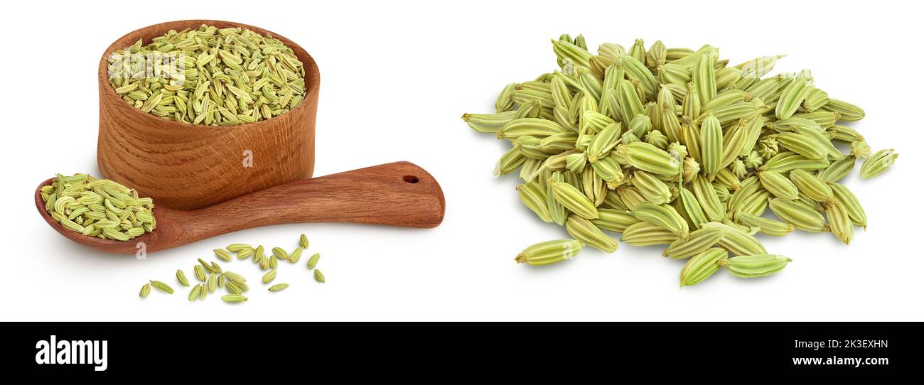 Dried fennel seeds in wooden bowl isolated on white background with ...