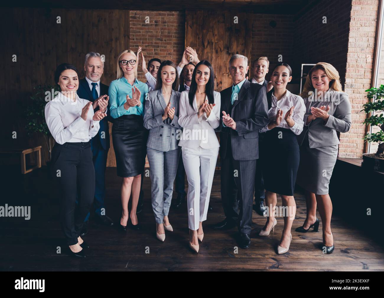 Full size portrait of group positive business people hands applaud ...