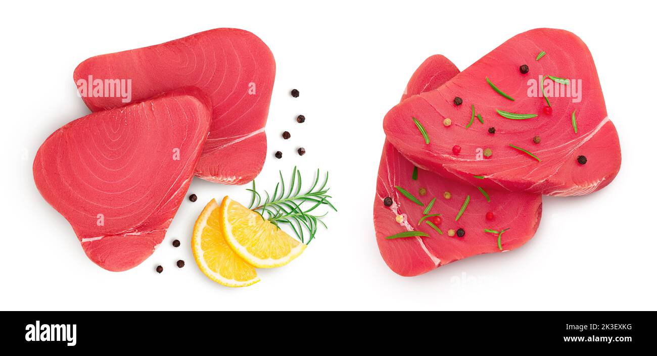 Fresh tuna fish fillet steak with rosemary, lemon and peppercorns ...