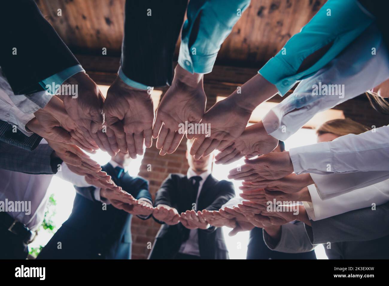 Cropped photo of managers arms together circle doing team building ...