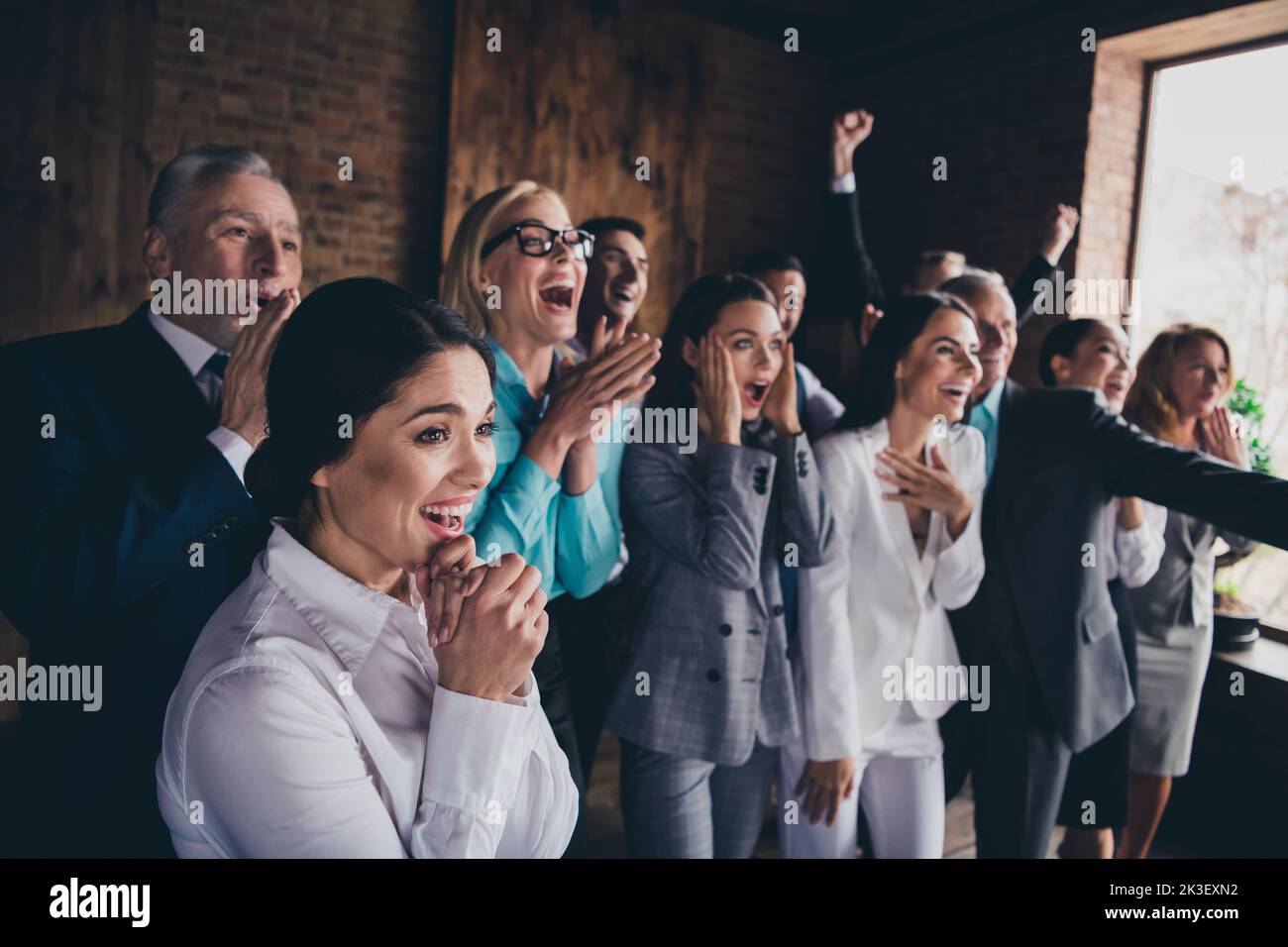 Portrait of attractive cheerful people lawyers celebrating great day ...