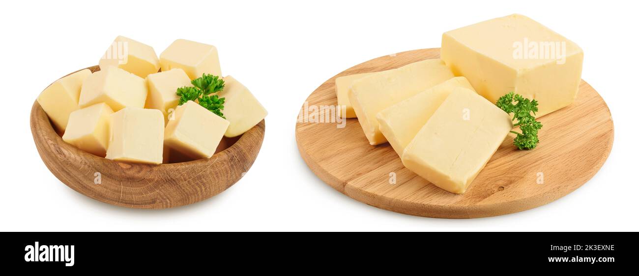 butter cubes in wooden bowl isolated on white background with full ...