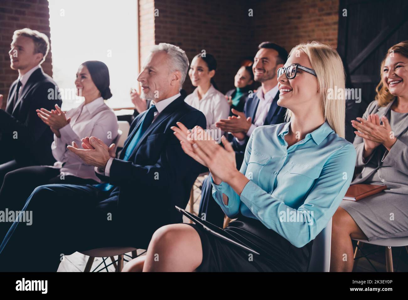 Photo of cheerful positive hrs sitting boardroom successfully pass ...