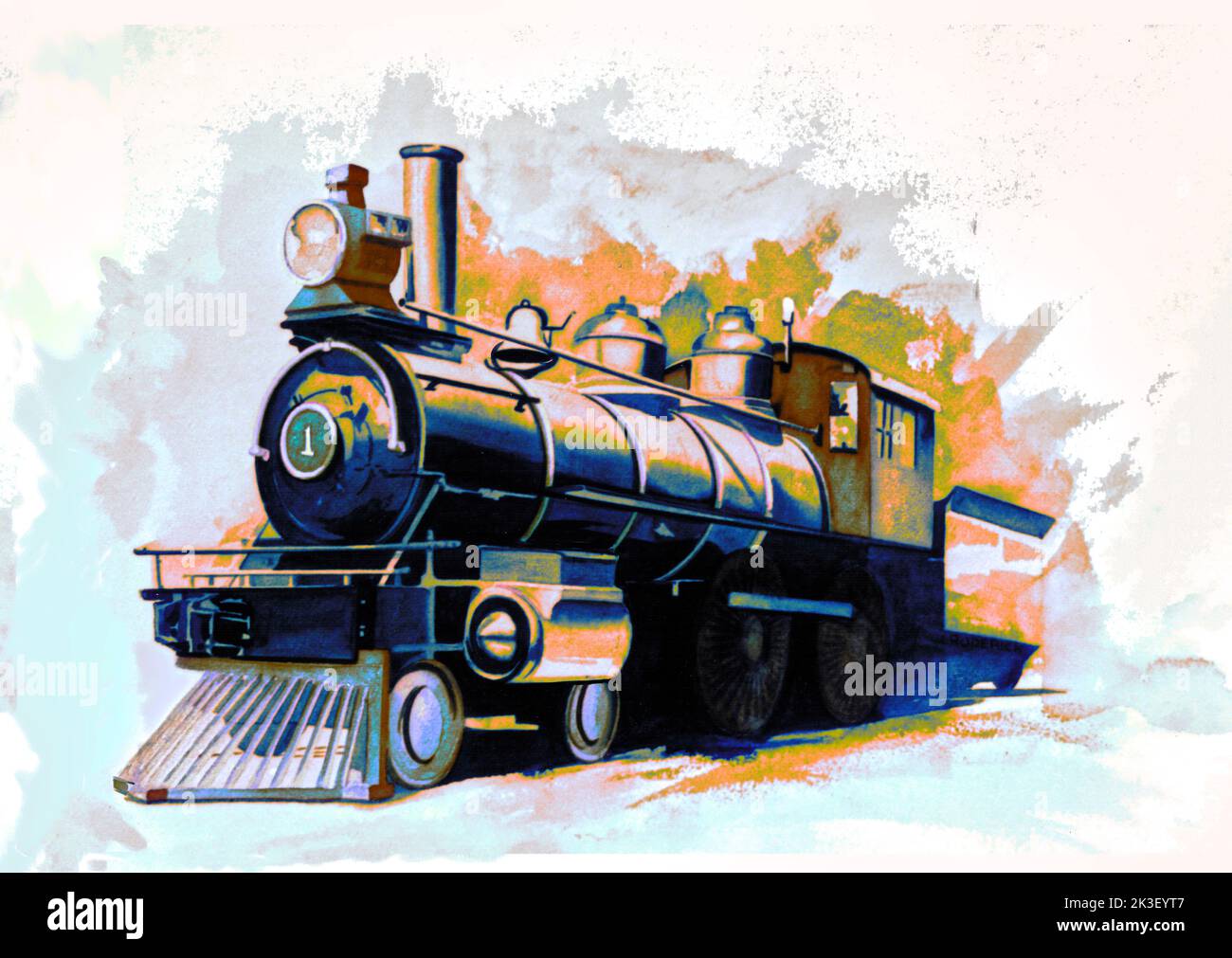 A vintage steam engine locomotive train watercolor with a big light on ...
