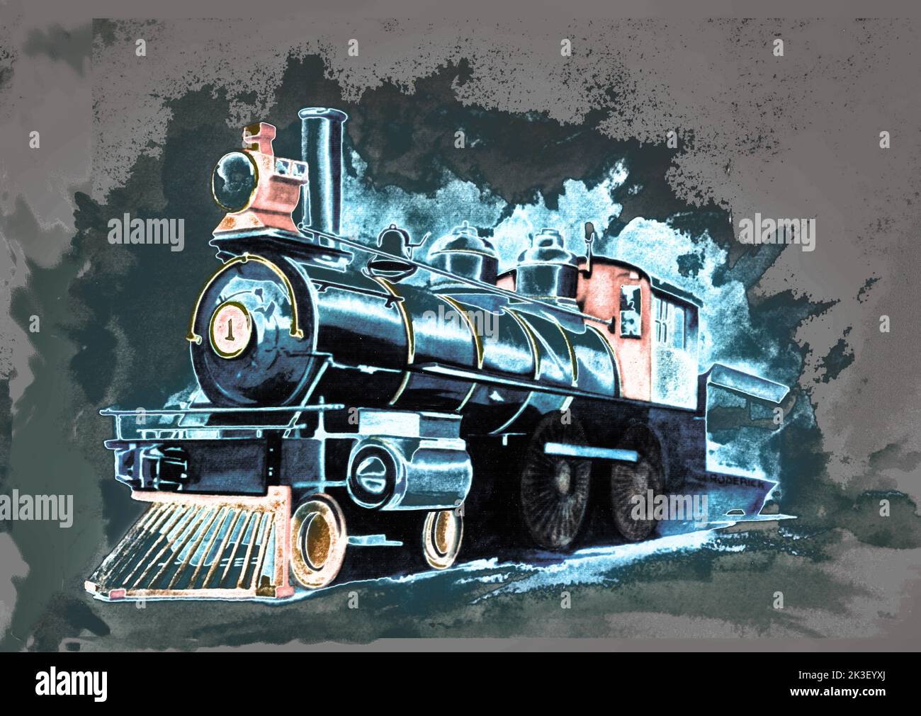 A vintage steam engine locomotive train watercolor with a big light on ...