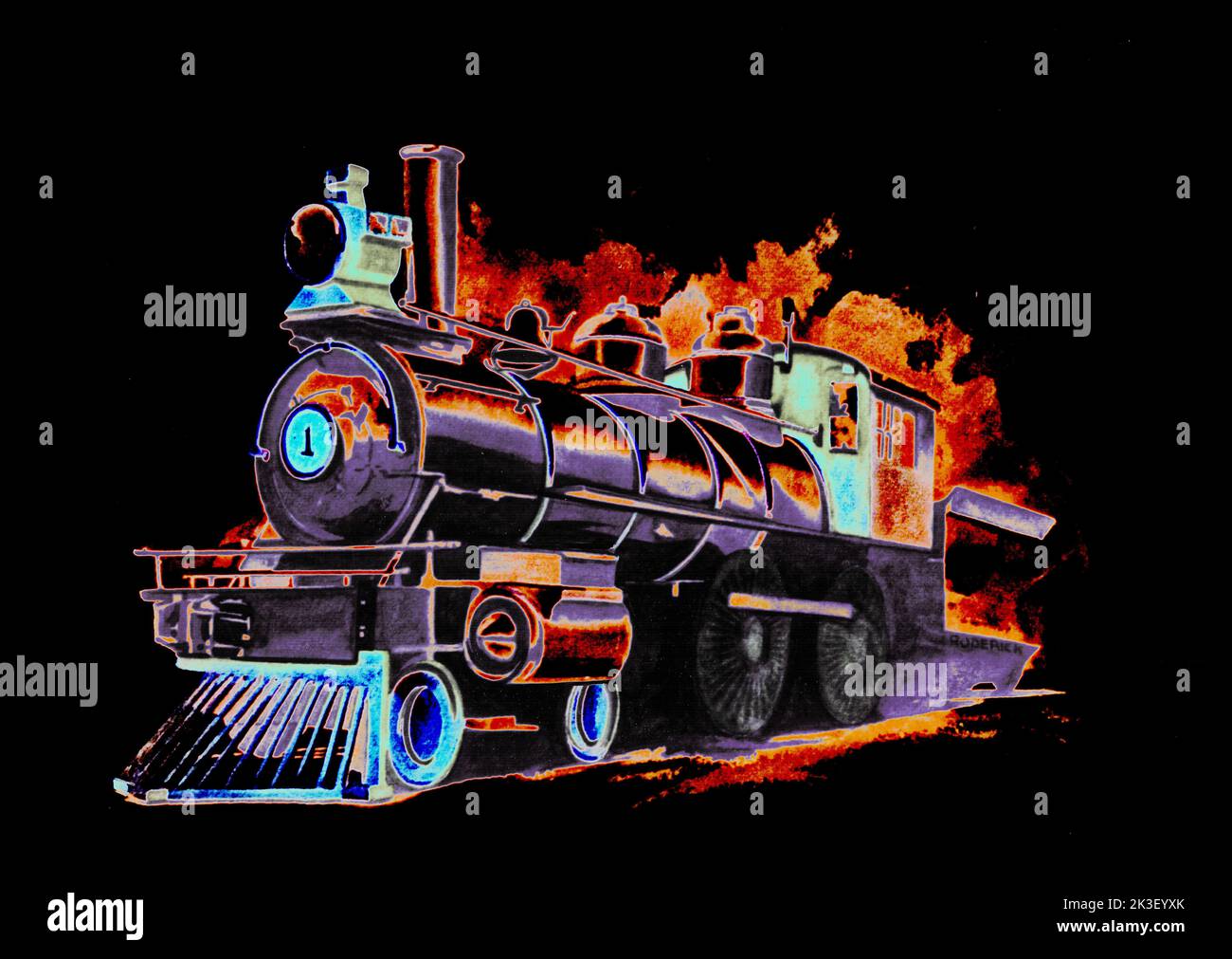A vintage steam engine locomotive train watercolor with a big light on ...