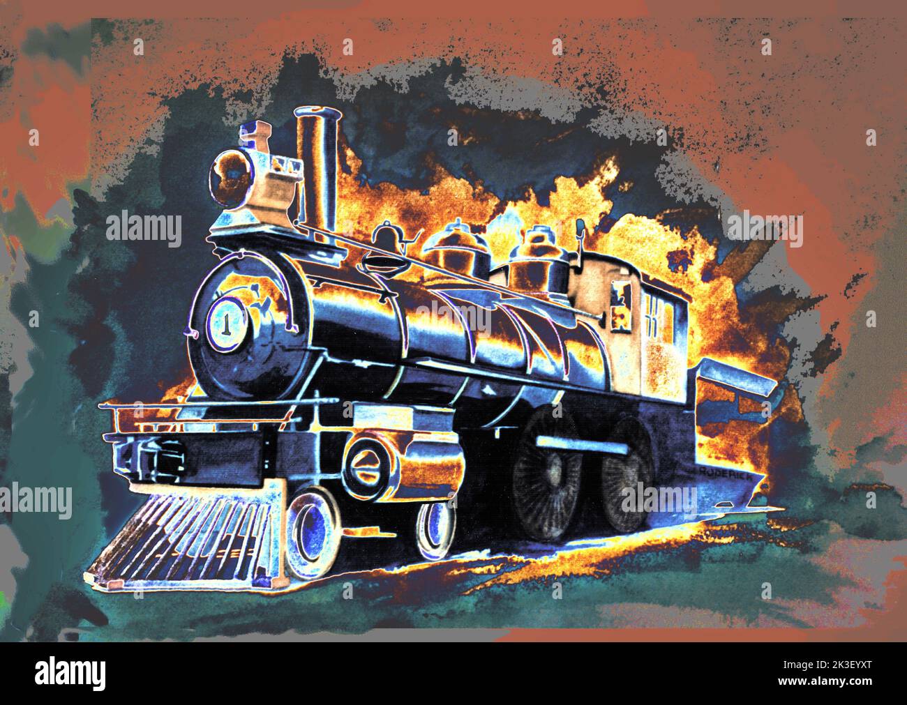 A vintage steam engine locomotive train watercolor with a big light on ...