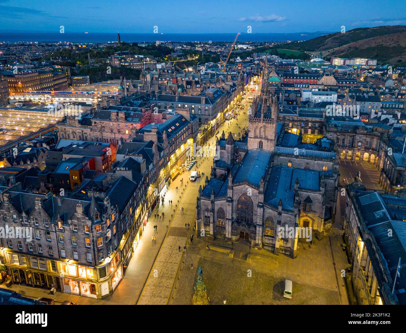 Aerial view of Royal Mile and St Giles Cathedral with skyline of ...