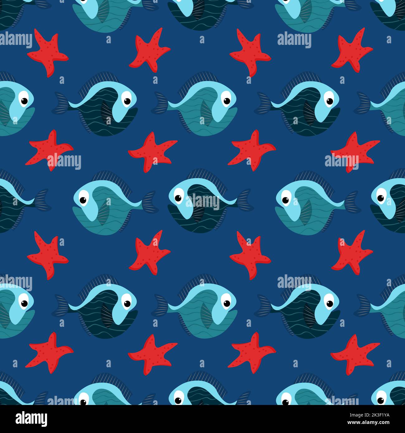 Pattern with fish and starfish on a blue background. Vector ...