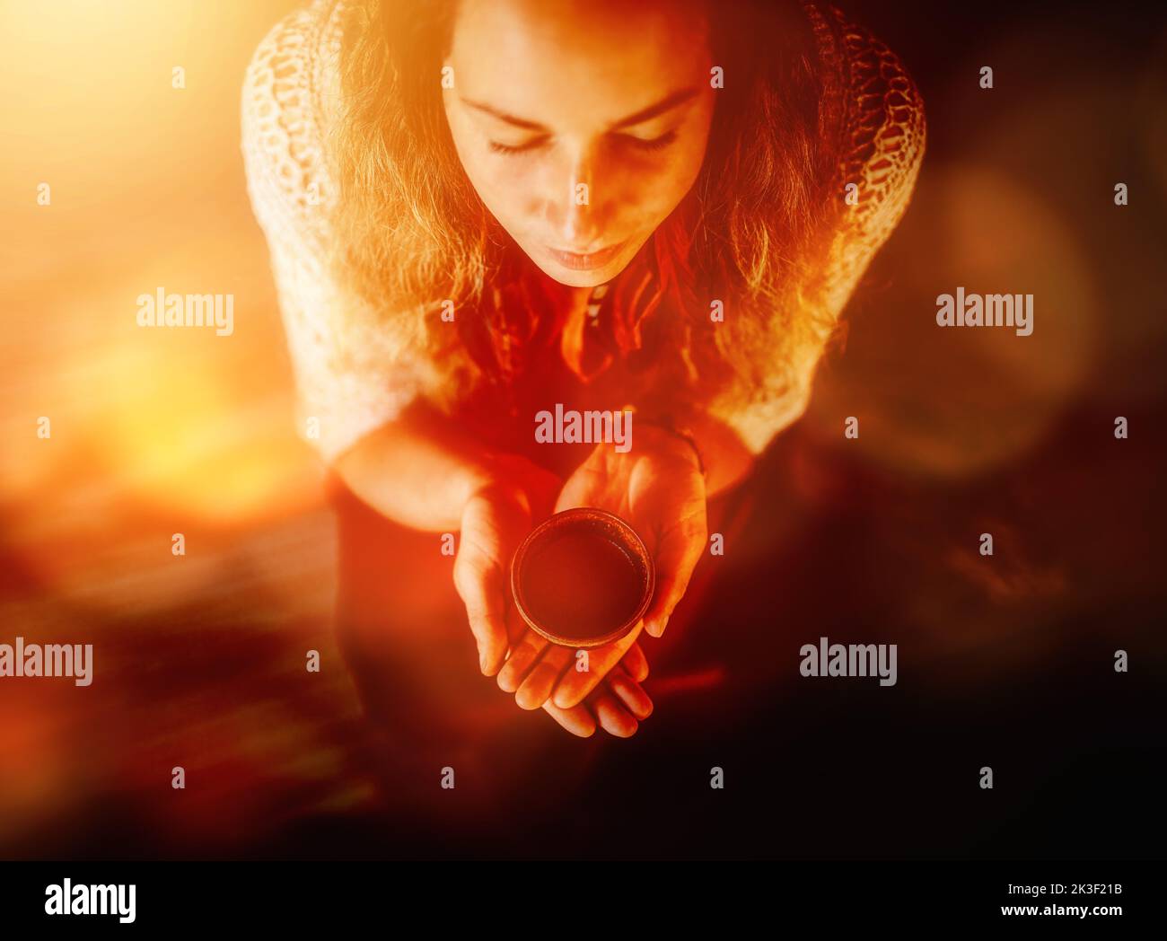 Cacao ceremony, heart opening medicine. Ceremony space. Cacao cup in ...