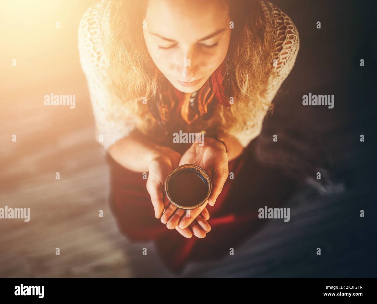 Cacao ceremony, heart opening medicine. Ceremony space. Cacao cup in ...