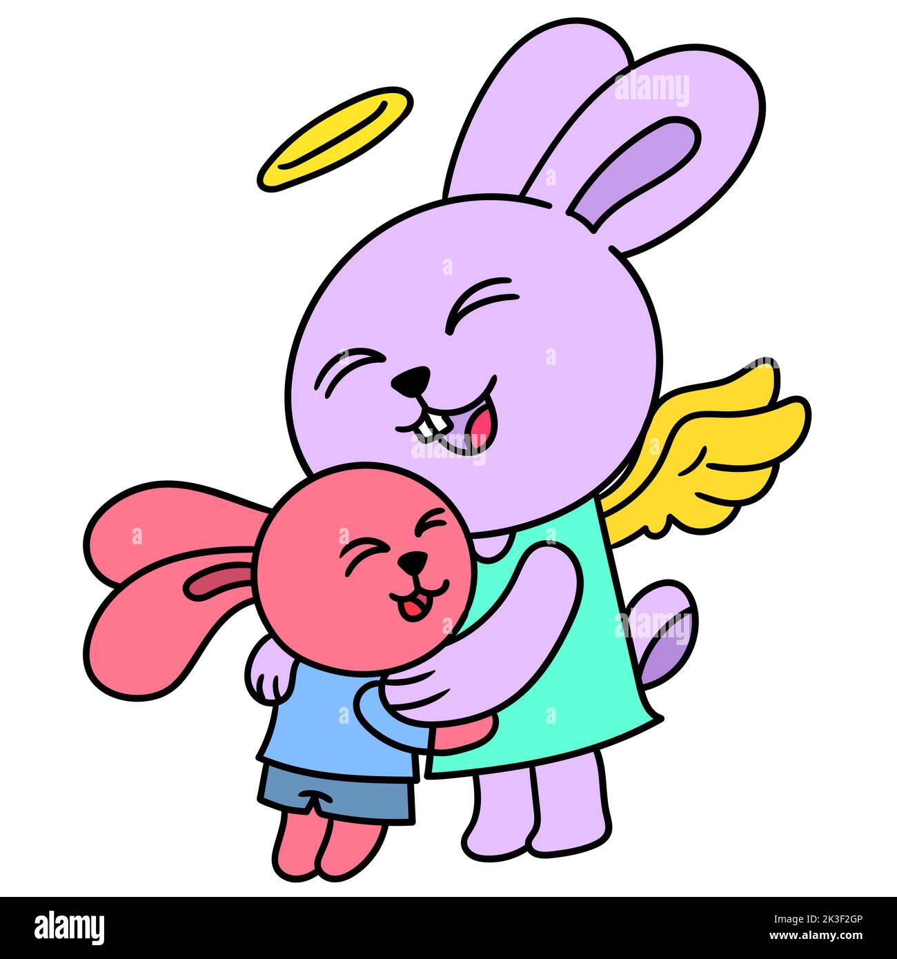 A vector illustration of cartoon rabbits hugging each other isolated on ...