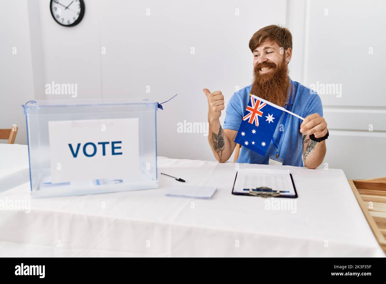 Caucasian man with long beard at political campaign election holding ...