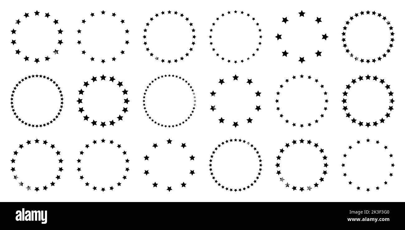 Stars of various sizes arranged in a circle. Round frame, border. Black ...