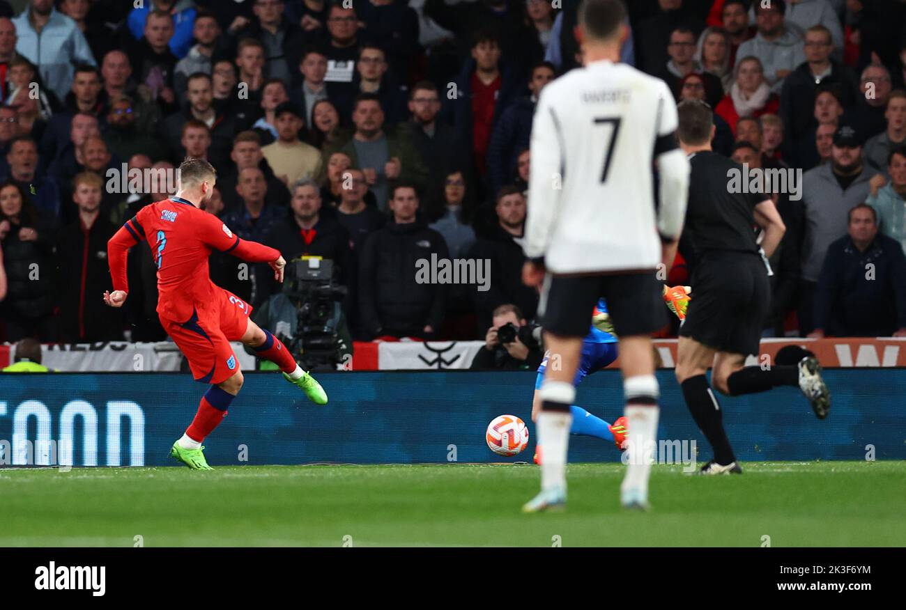 London, England, 26th September 2022. Luke Shaw of England scores their ...