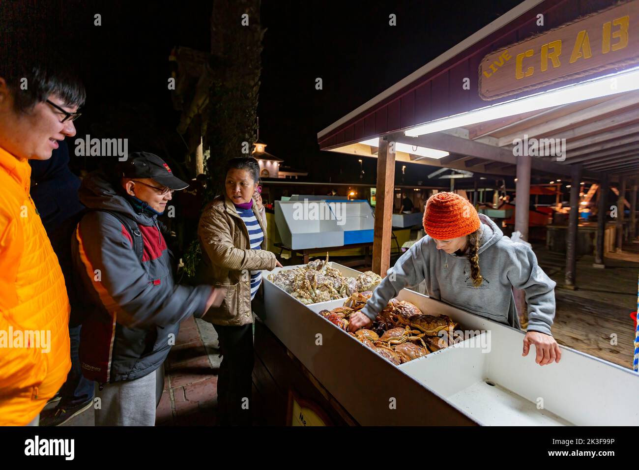 Los Angeles, DEC 13 2014 - Night view of the seafood market in Newport ...