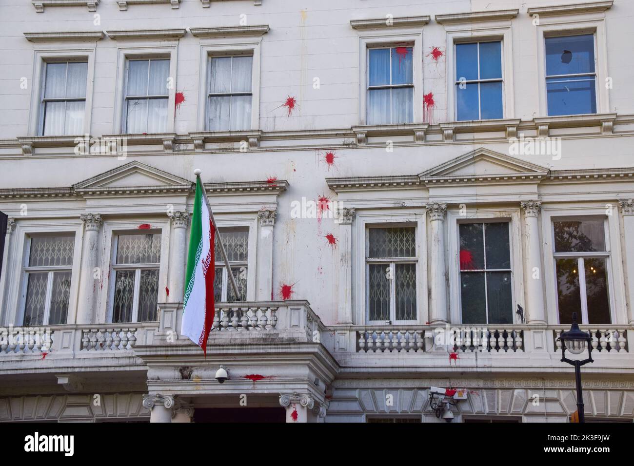 London, UK. 26th Sep, 2022. Embassy of Iran splashed with red paint ...